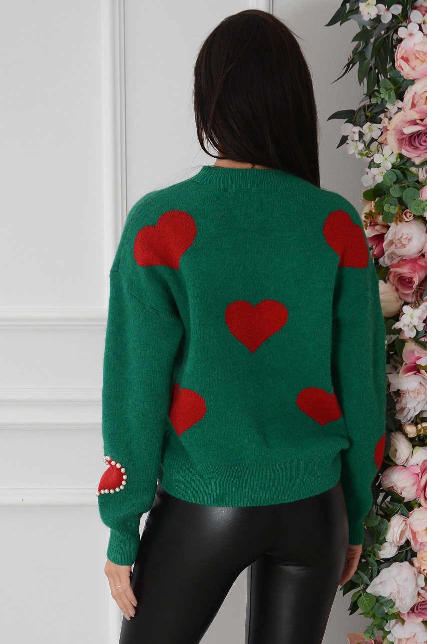 Sweter w serca z perełkami zielony, swetry oversize, Sklep internetowy ...
