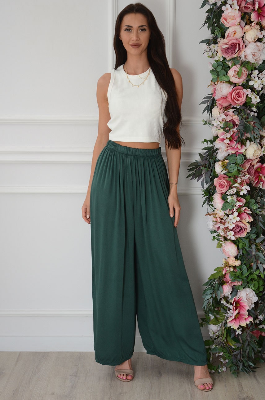 Luźne spodnie z wiskozy na gumie ciemna zieleń. Luźne spodnie z paskiem ...