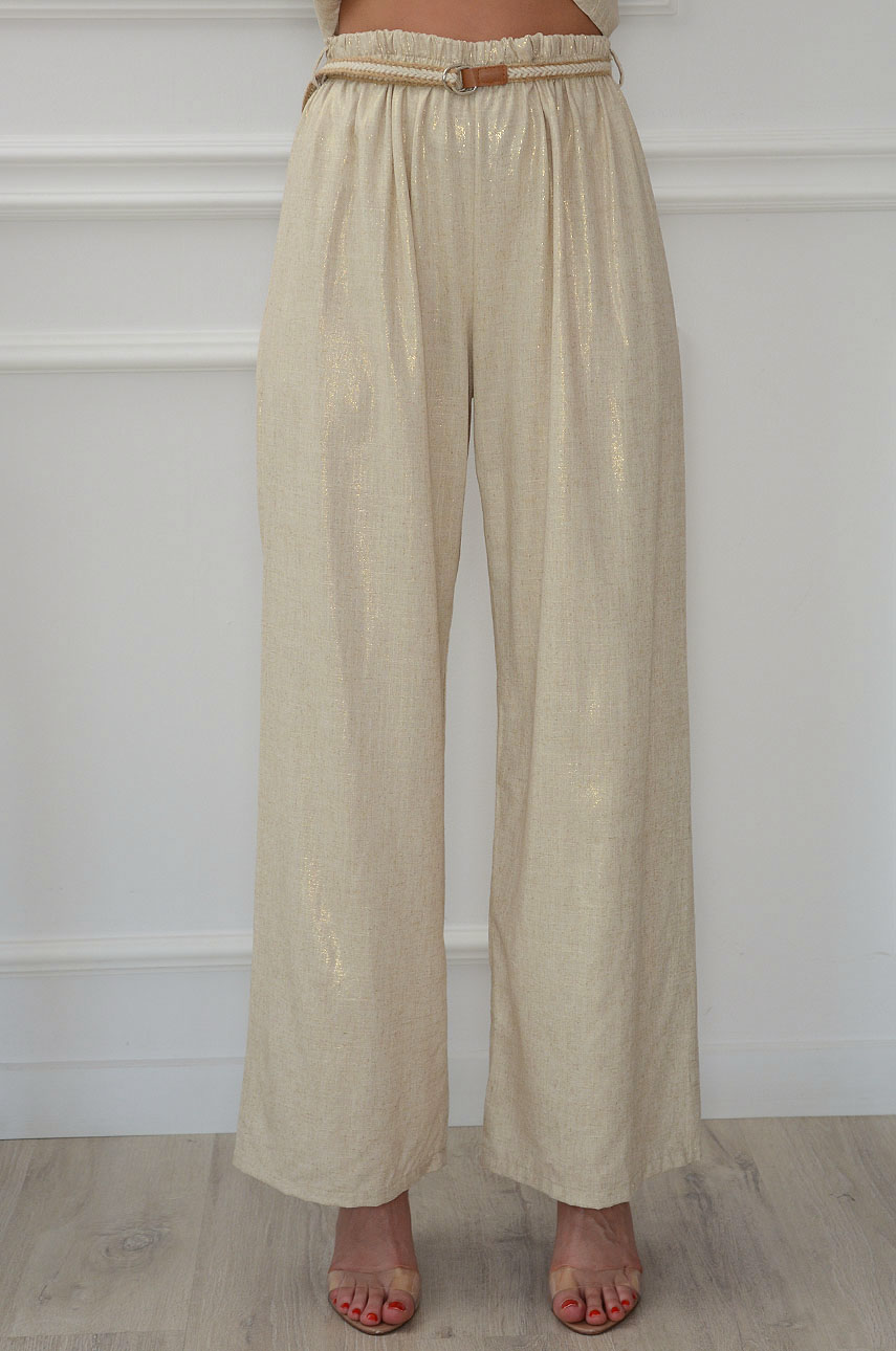 Luźne spodnie z błyszczącą poświatą beżowo-złote. Luźne spodnie z ...