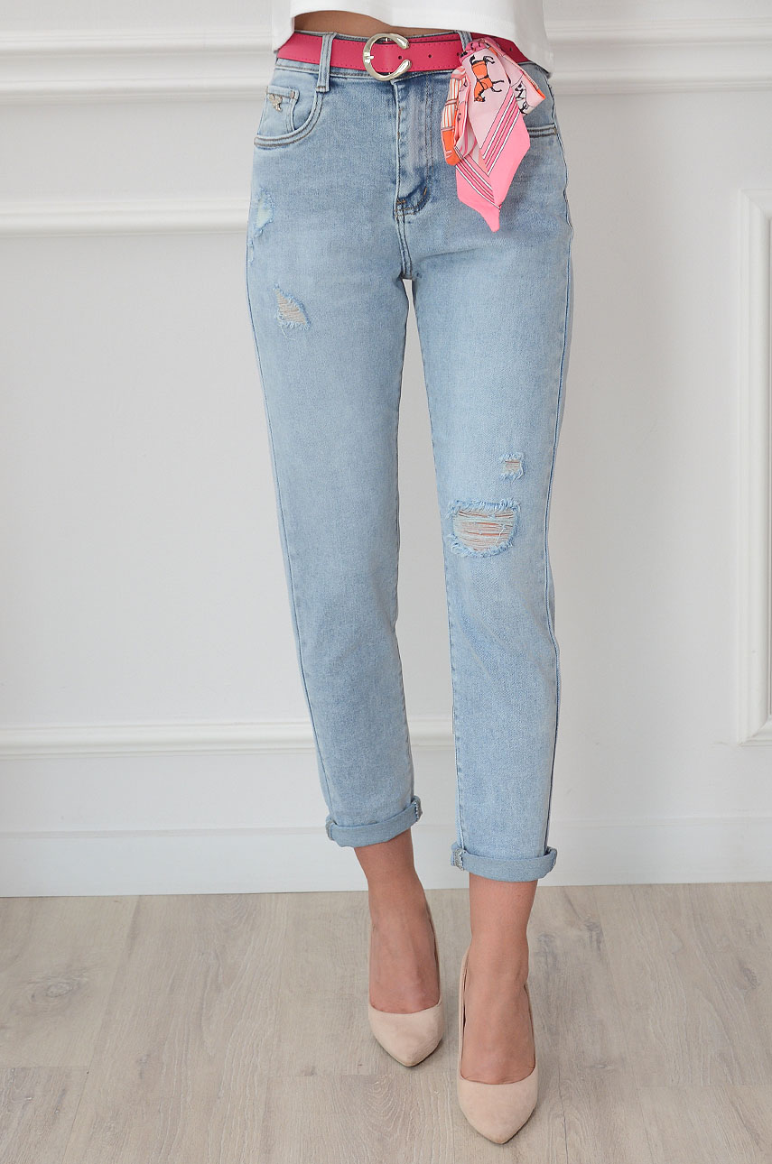 Spodnie jeansowe mom fit z dziurami jasno niebieskie, spodnie jeansowe ...