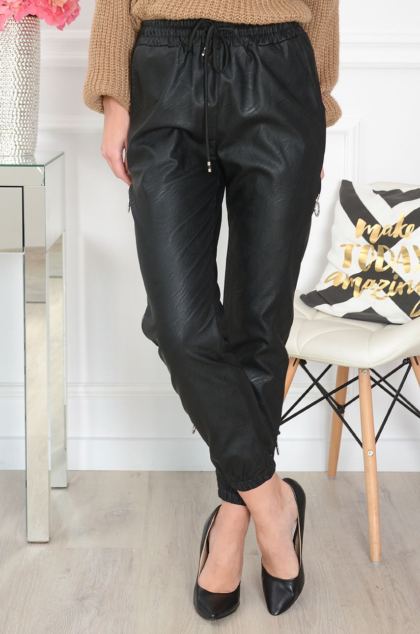 Spodnie skórzane srebrne zipy czarne, spodnie jeansowe, Sklep cocomoda.pl
