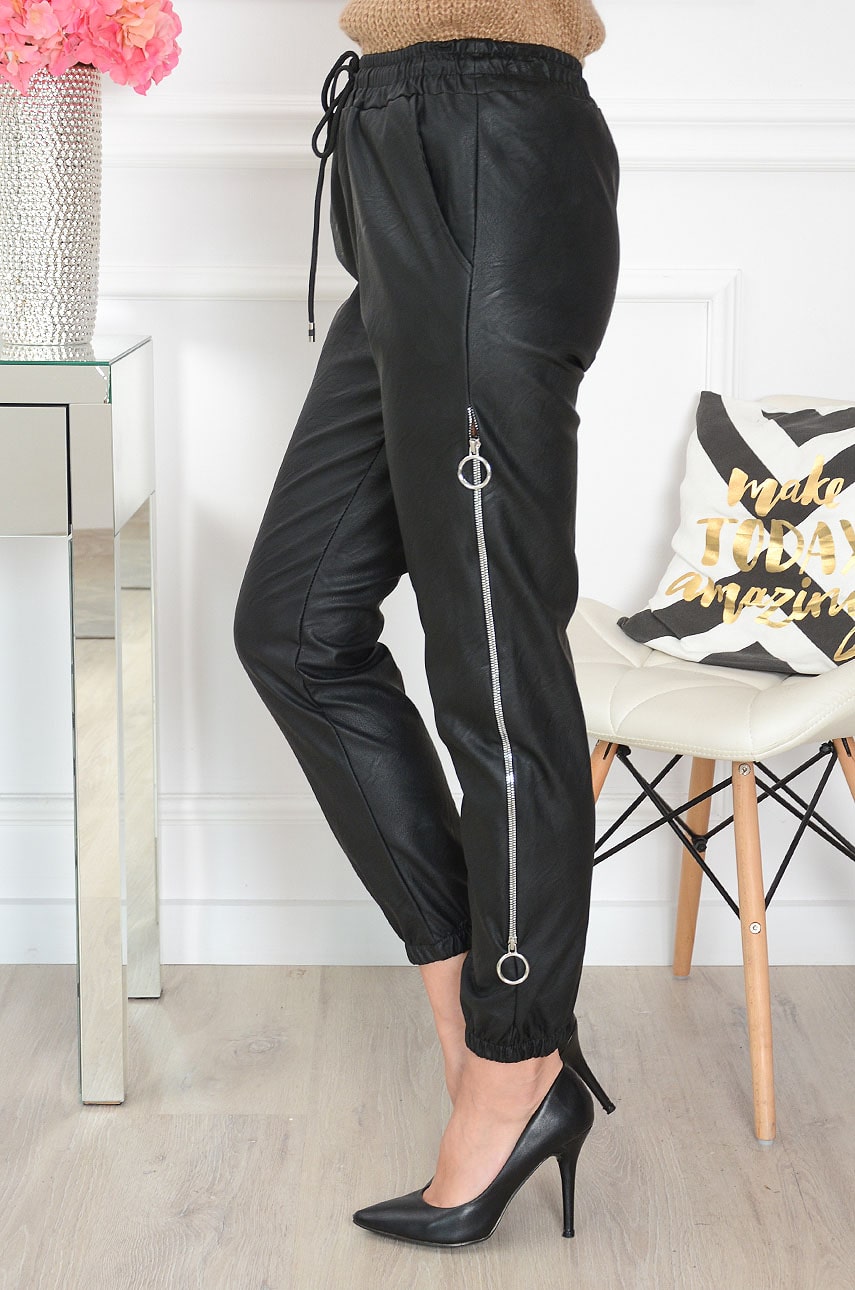 Spodnie skórzane srebrne zipy czarne, spodnie jeansowe, Sklep cocomoda.pl