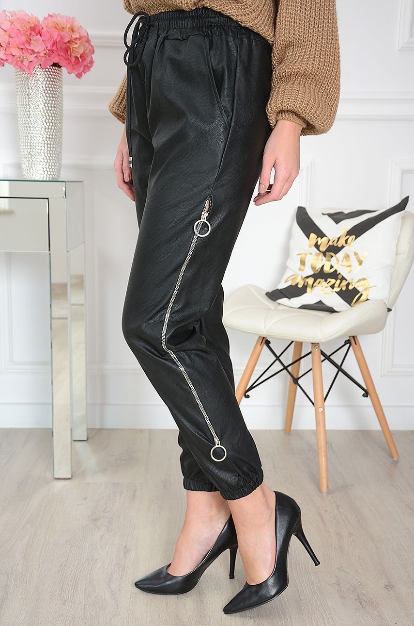 Spodnie skórzane srebrne zipy czarne, spodnie jeansowe, Sklep cocomoda.pl