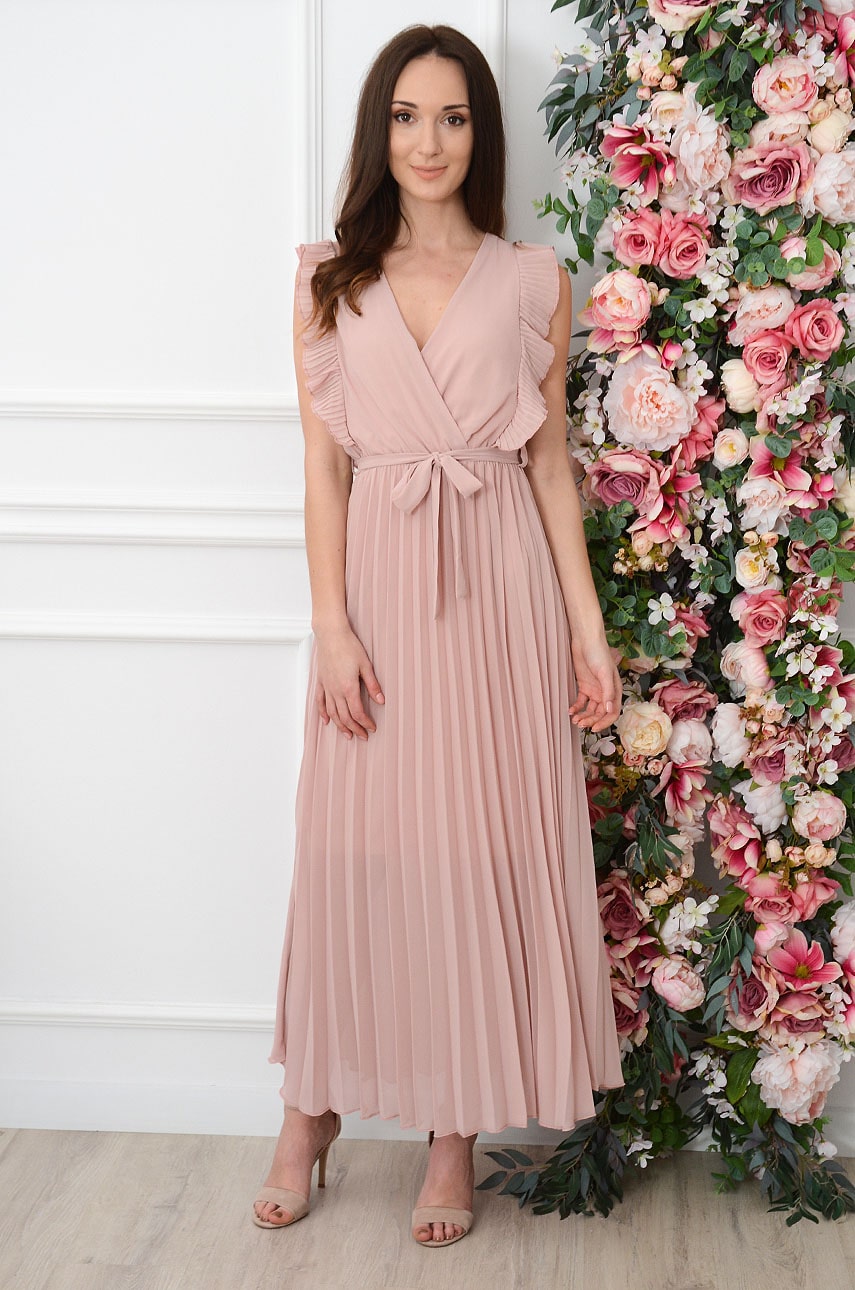 Sukienka maxi plisowana z falbankami pudrowy róż, sukienki wizytowe ...