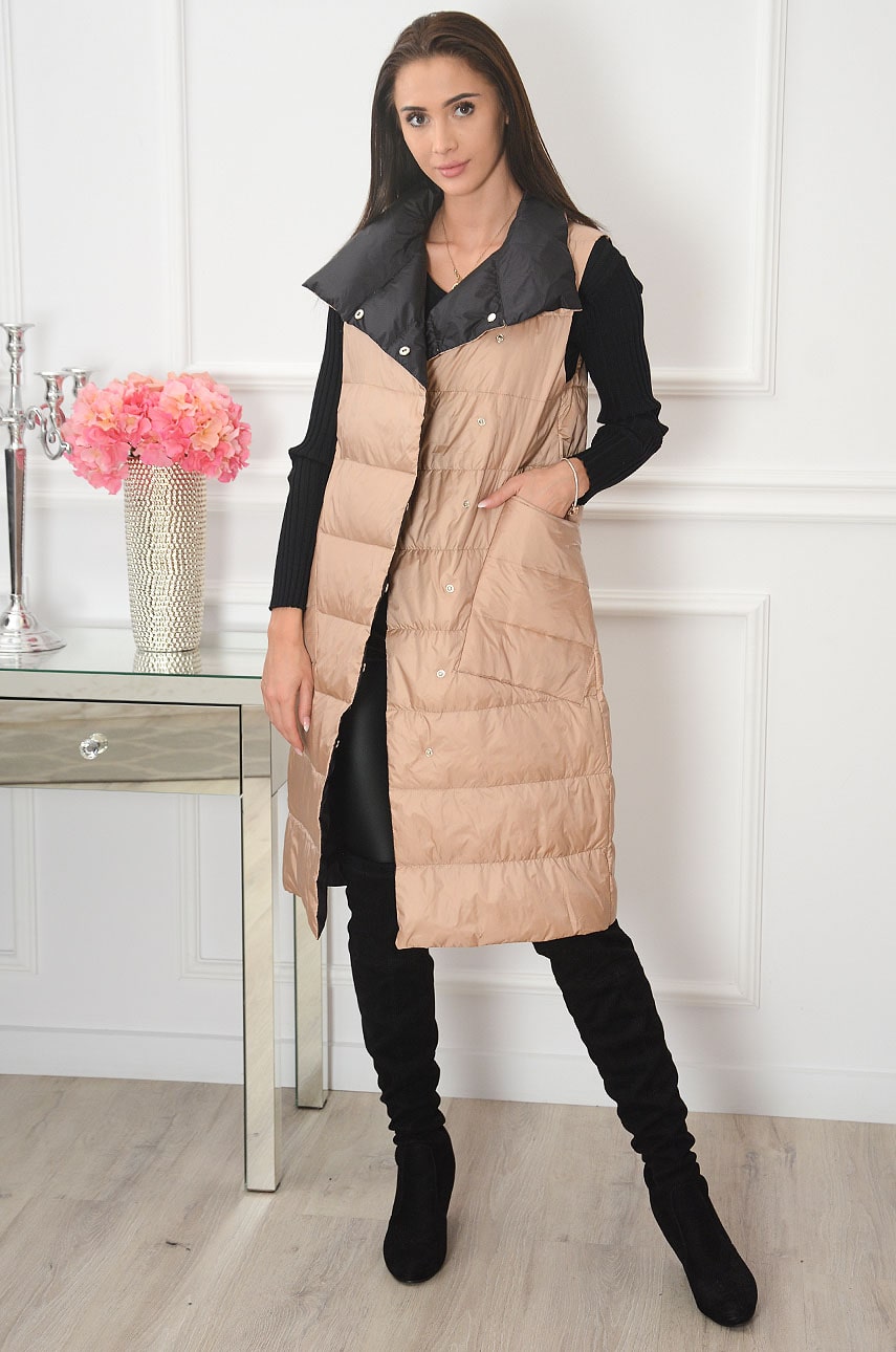 Długa kamizelka pikowana dwustronna czarna - kamel, kamizelki, Sklep ...